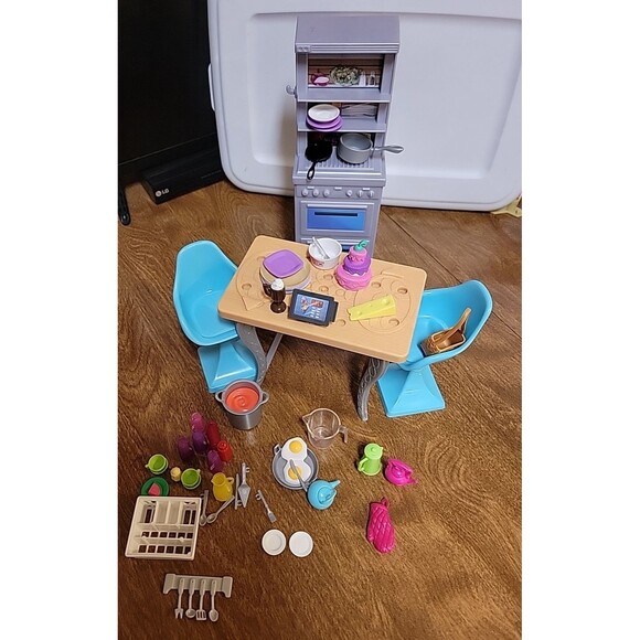 Toys | Barbie Kitchen Table Chairs Dishes Range Food Utensils Lot ...